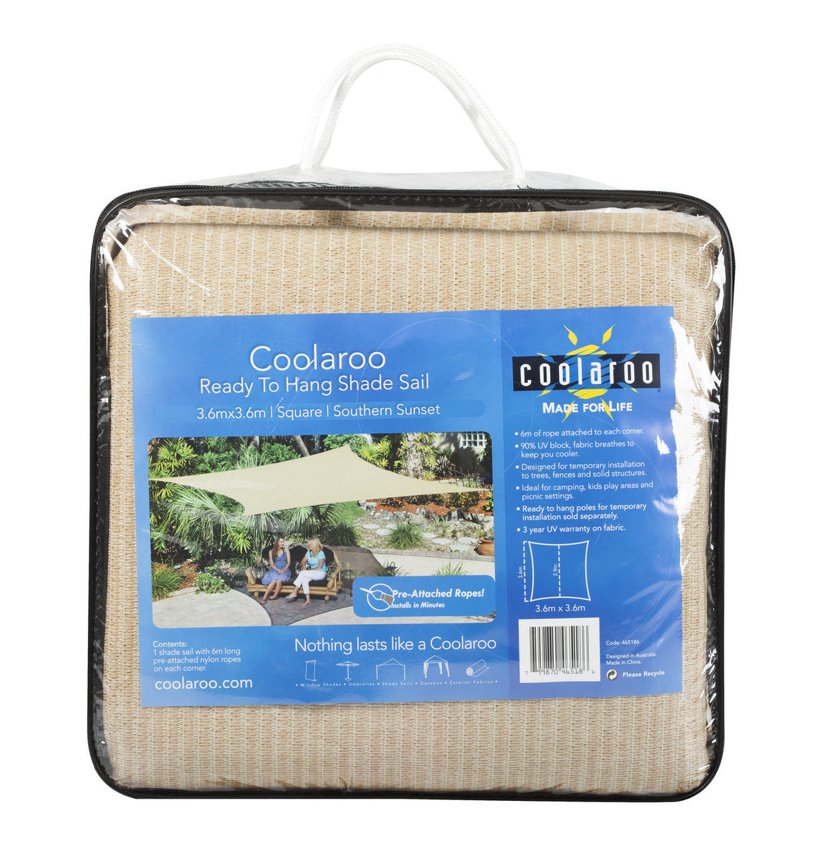 COOLAROO READY TO HANG SHADE SAIL SQUARE 3.6M X 3.6M – Petitudo